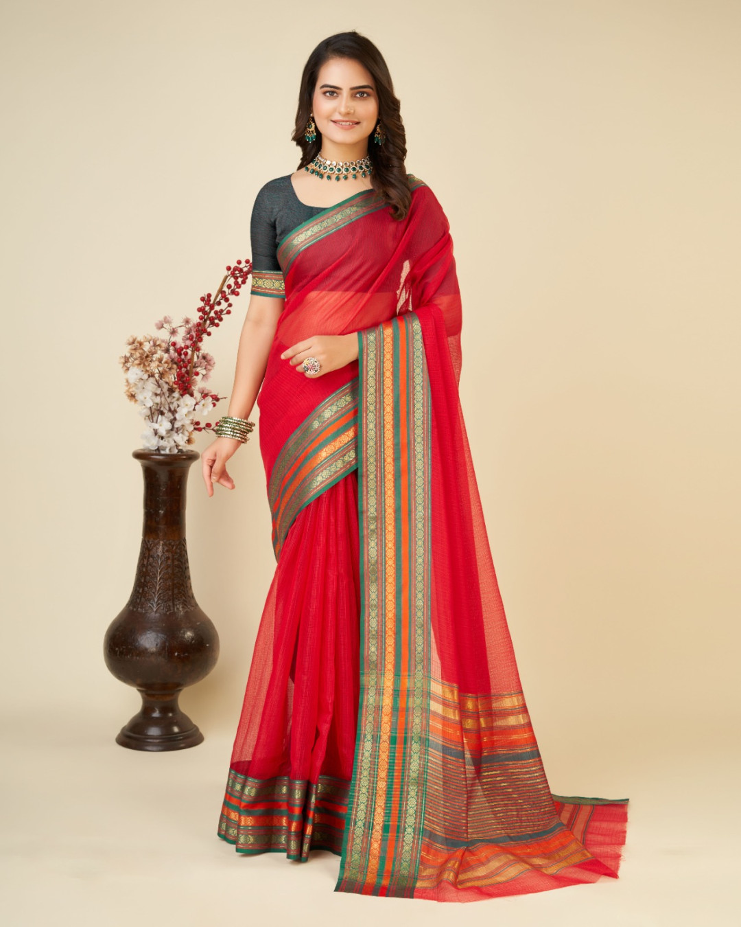 Red color doriya cotton saree with woven design