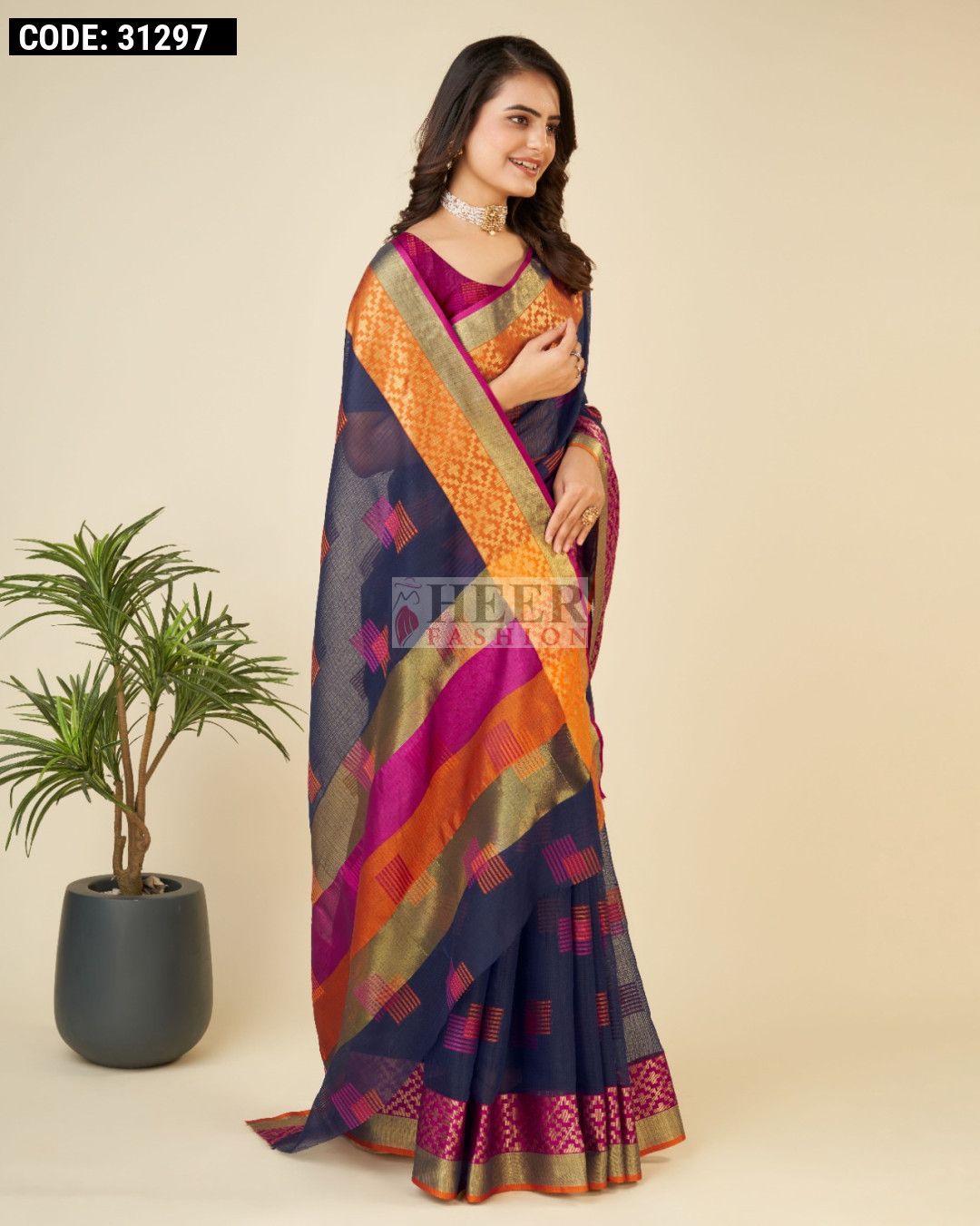 Navy blue color kota doriya saree with zari weaving work