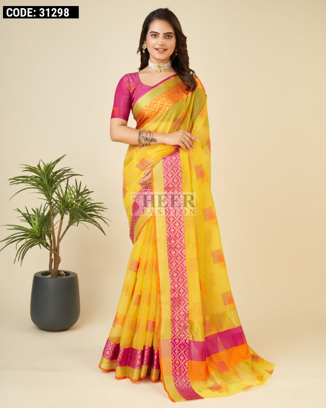 Light yellow color kota doriya saree with zari weaving work