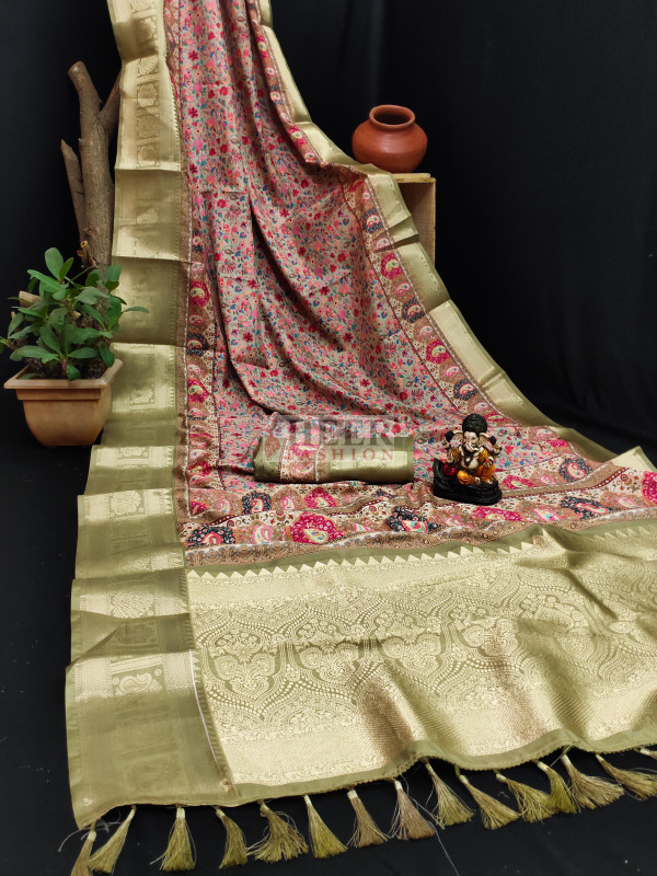Mahendi green linen silk saree with digital printed work