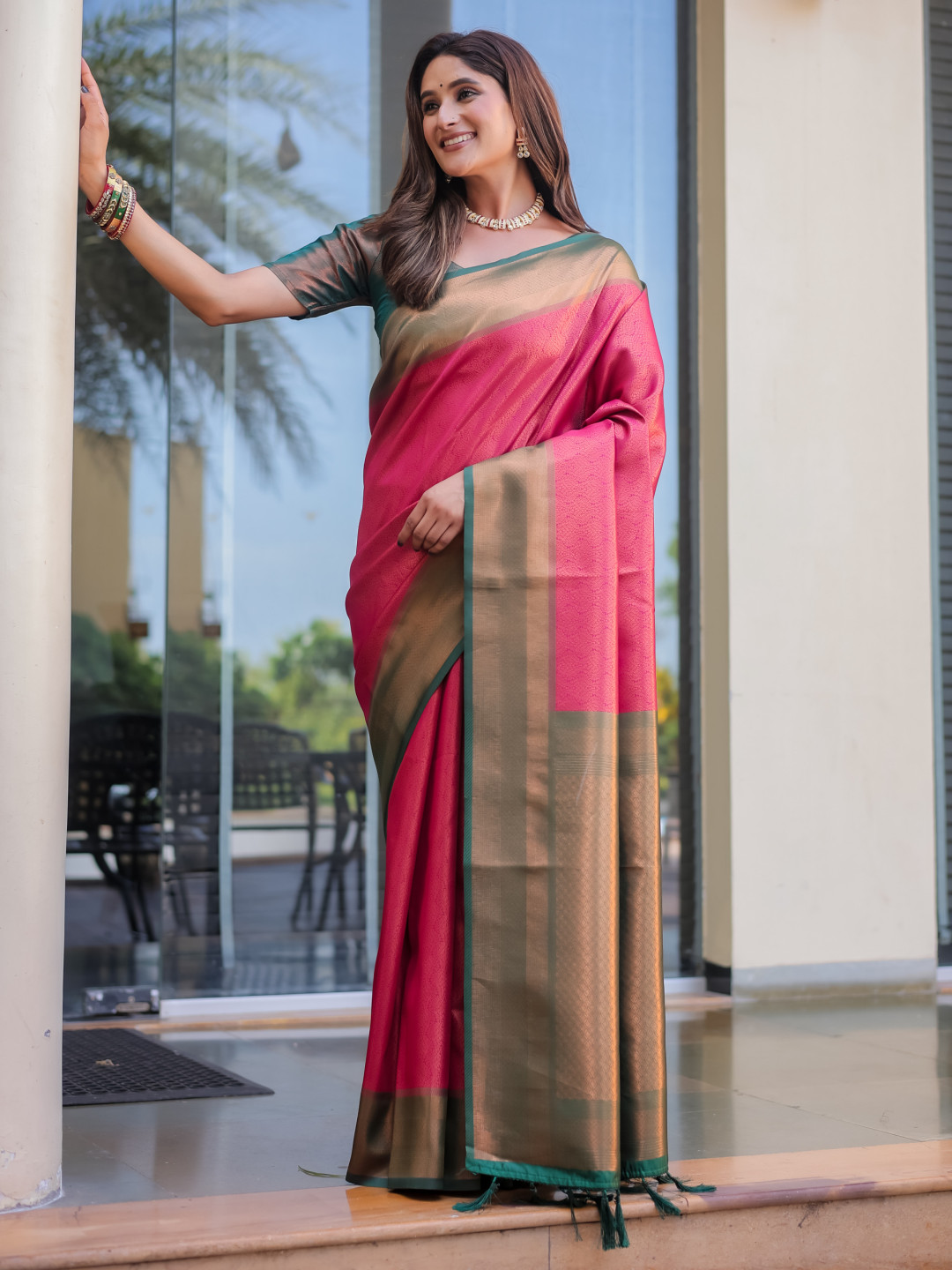 Pink kubera pattu kanjivaram silk saree with zari weaving work