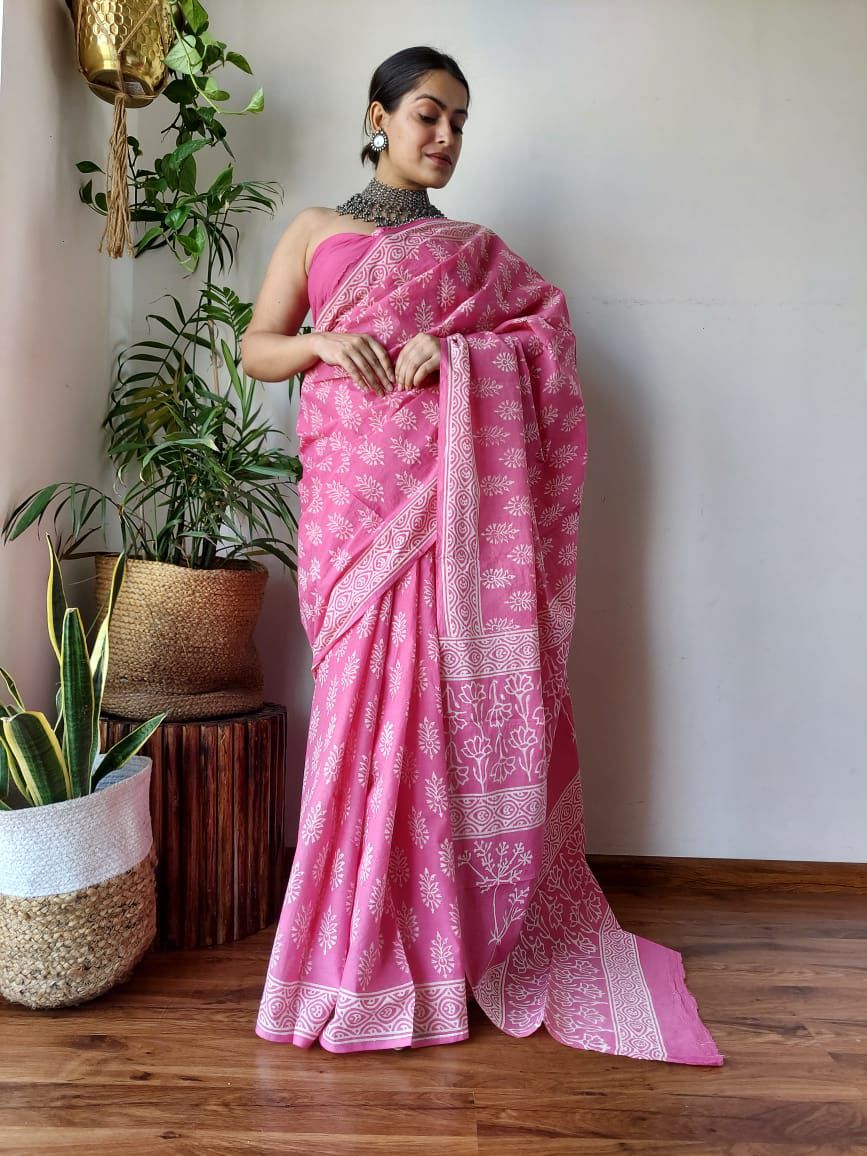 Baby pink flowy linen cotton saree with digital printed work