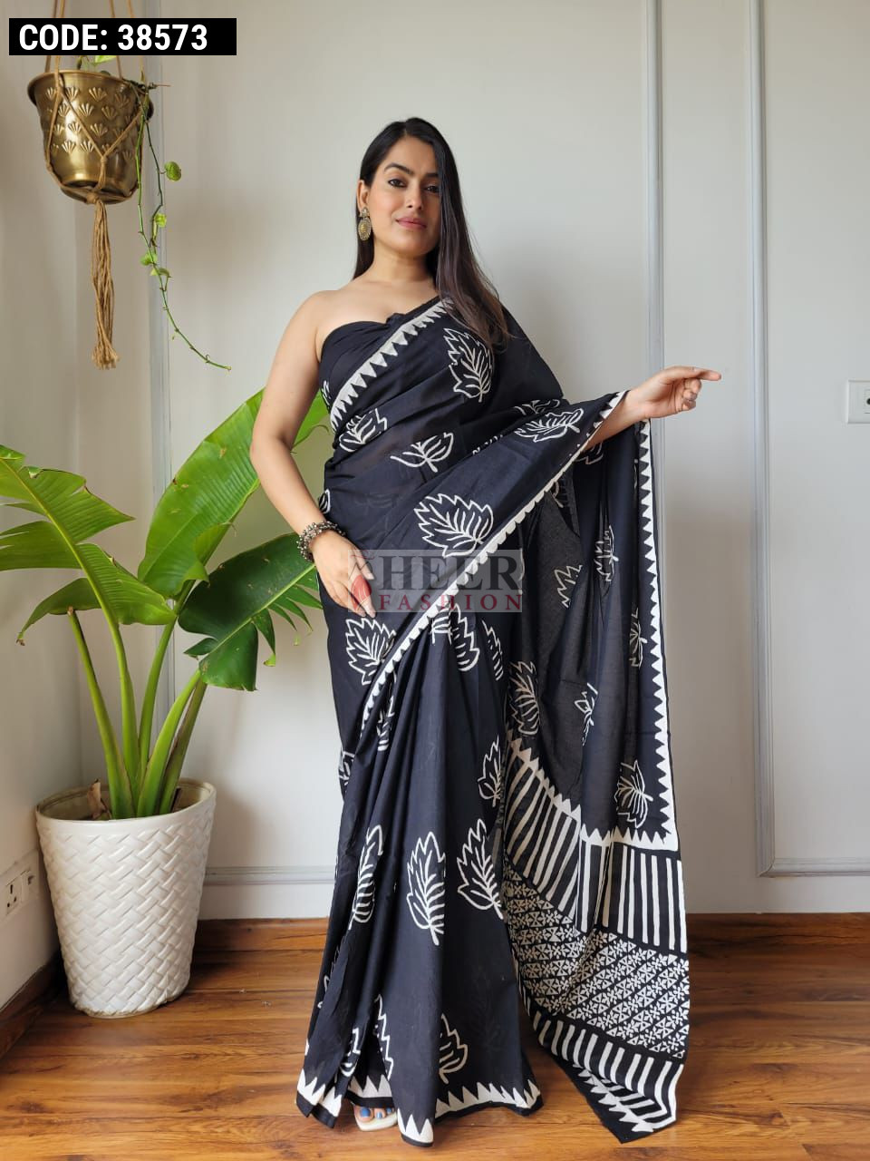 Black soft flowy linen cotton saree with digital printed work