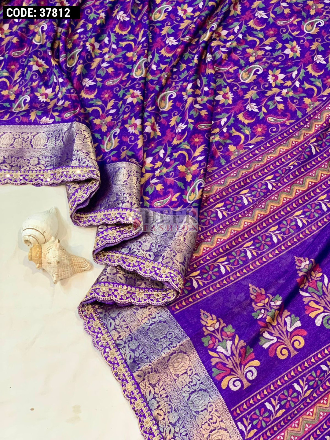 Purple floral printed dola silk saree with lace border