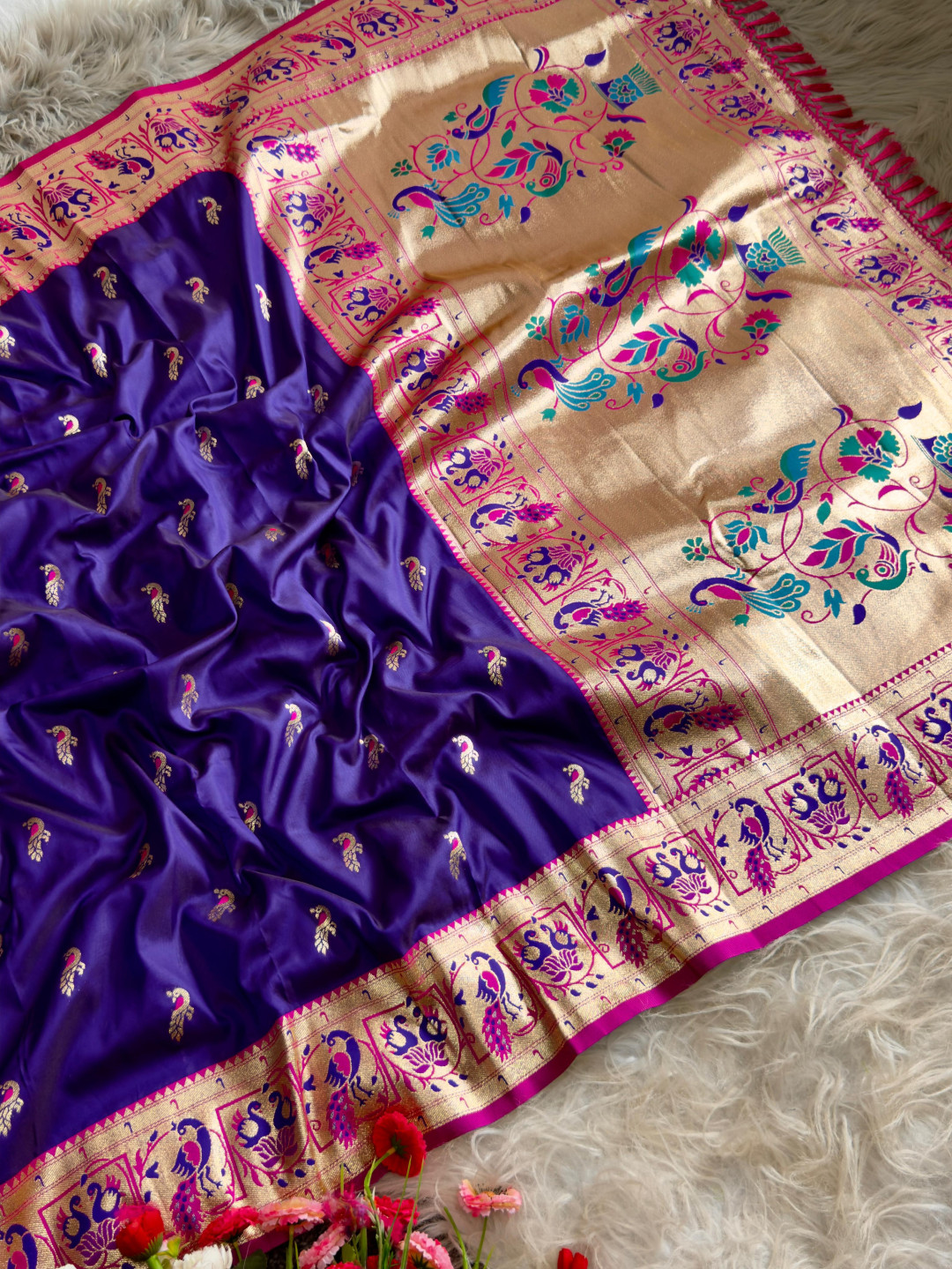 Violet traditional paithani silk saree with peacock zari weaving work