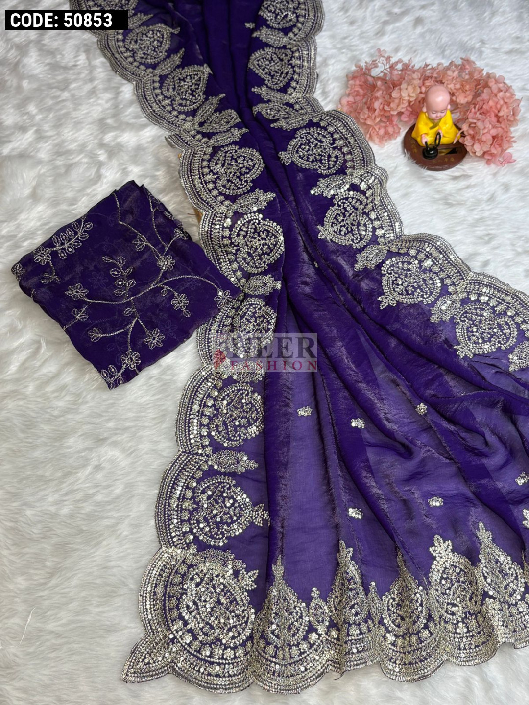Purple fandy satin silk saree with embroidery work and cutwork border