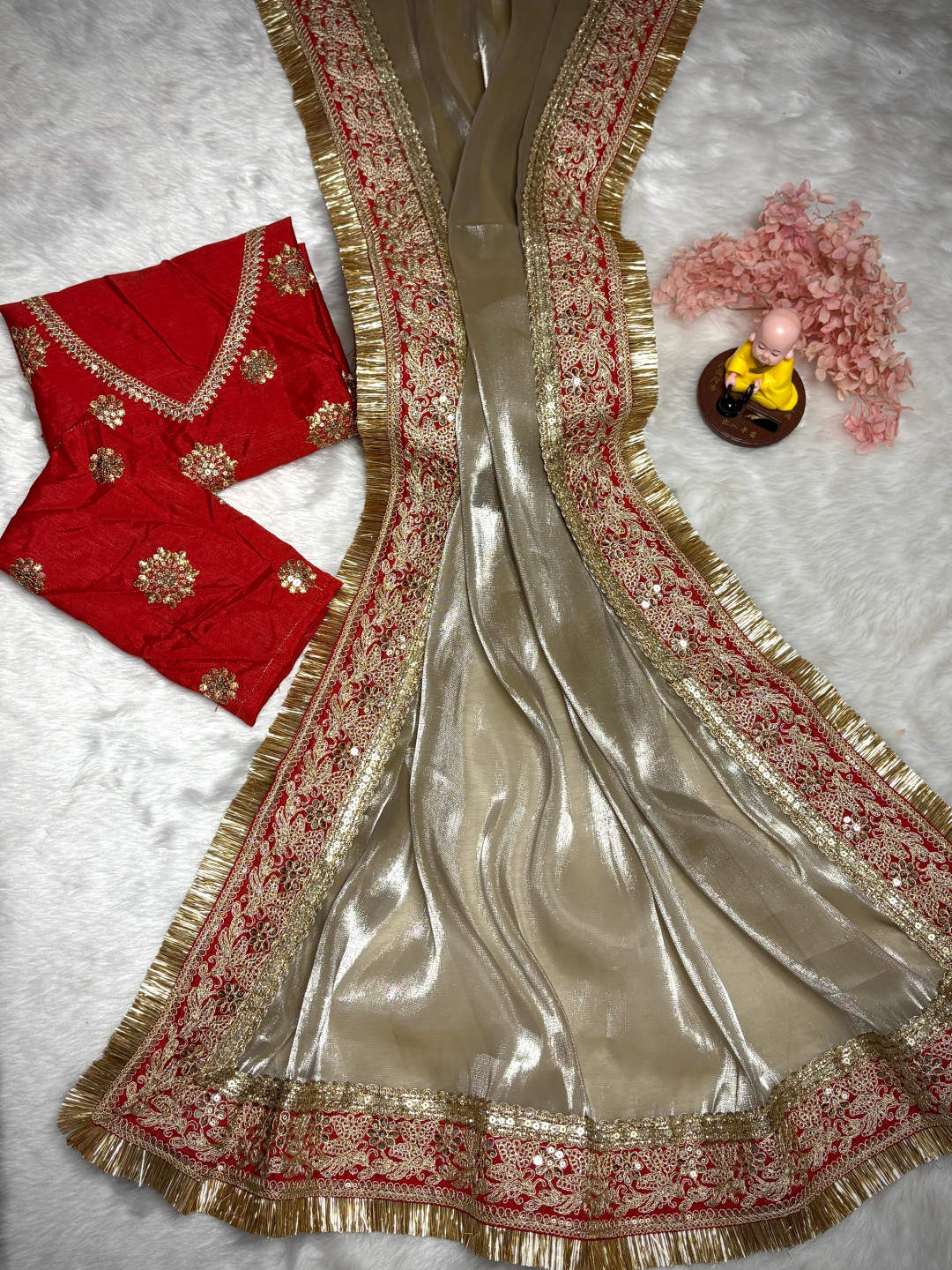 Beige fancy space silk saree with embroidered sequence lace border