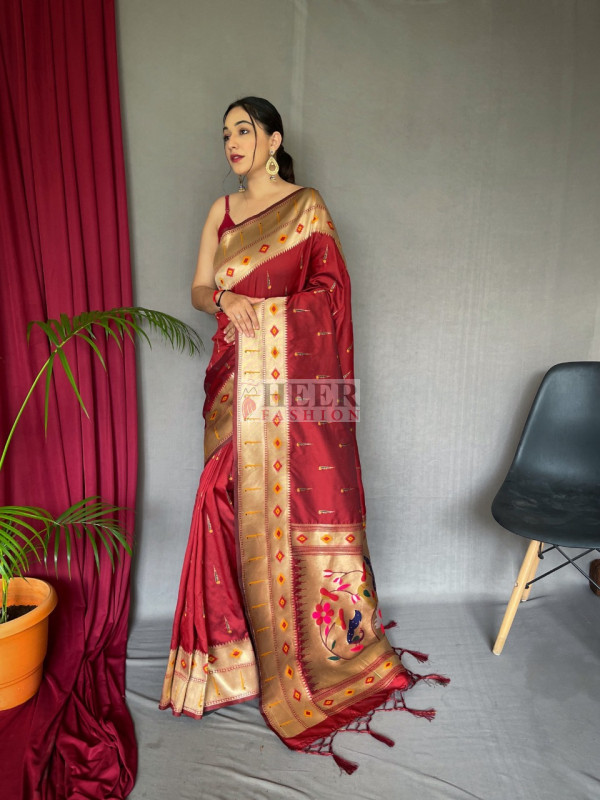 Maroon color paithani silk saree with zari weaving work