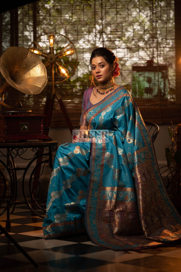 Firoji color banarasi silk saree with zari weaving work