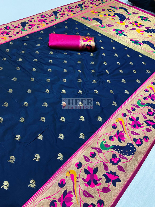 Navy blue color paithani silk saree with zari weaving work
