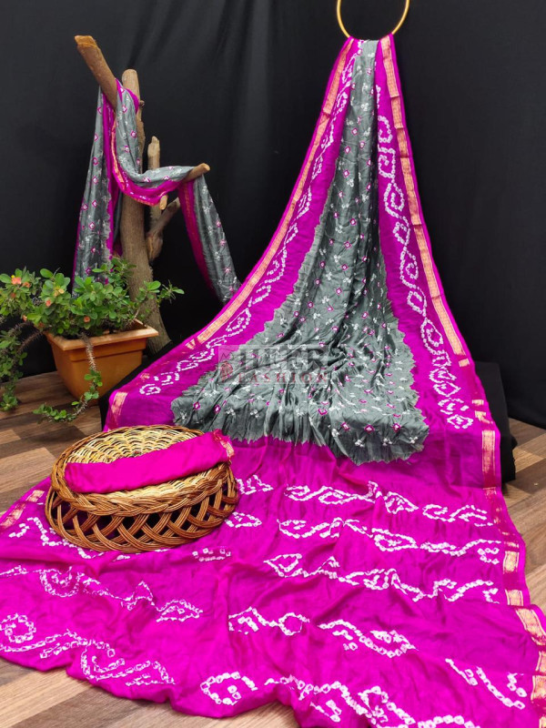 Gray and rani pink color bandhani silk saree with hand bandhej work