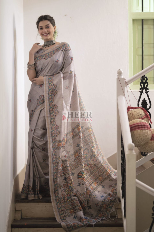 Gray color tussar silk saree with printed work