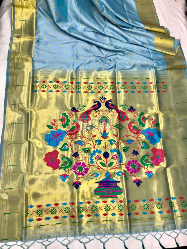 Sky blue color paithani silk saree with golden zari weaving work