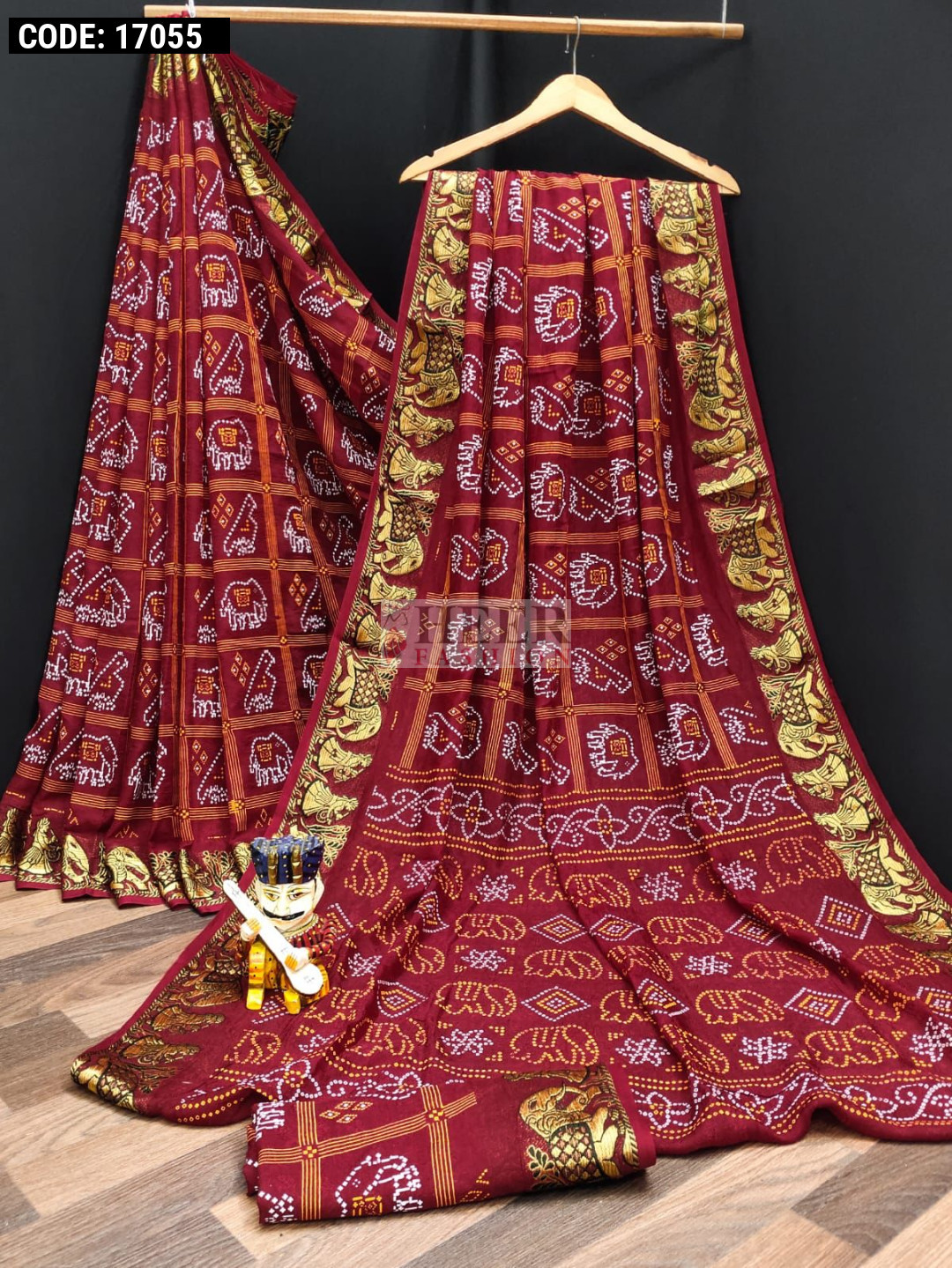 Maroon color bandhani saree with khadi printed work