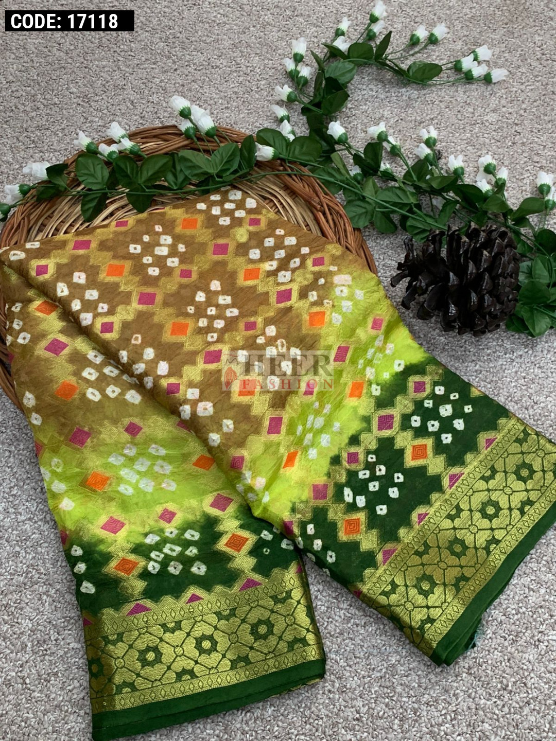 Brown and green color hand bandhej silk saree with zari weaving work