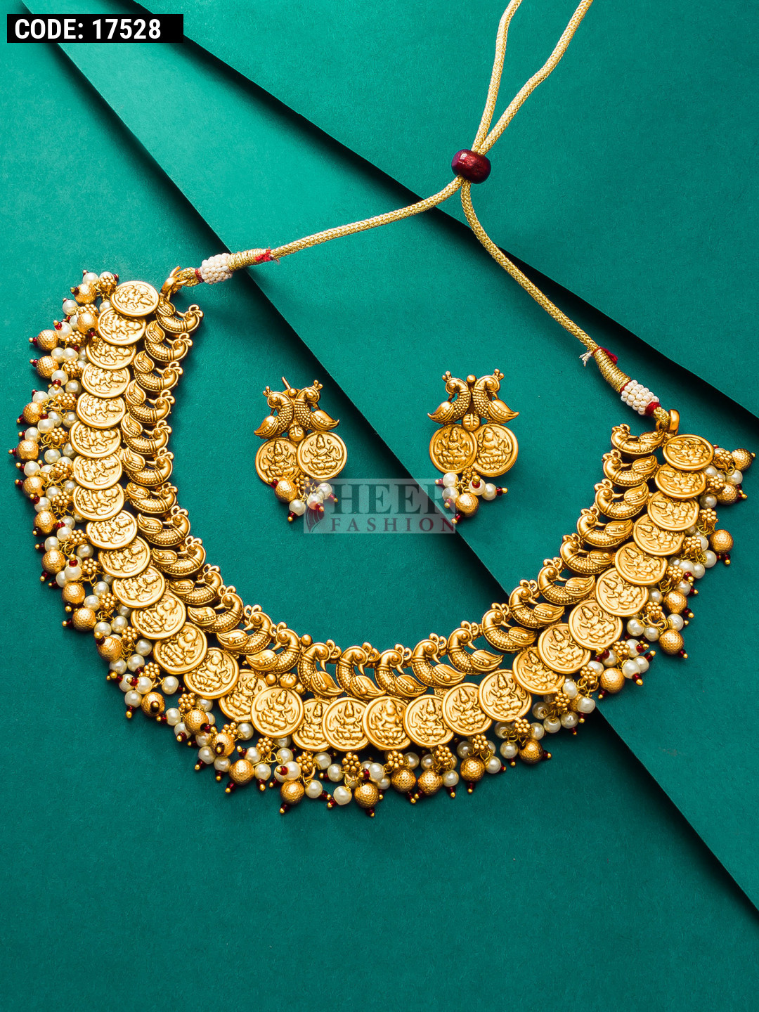 Golden Choker Necklace Set In Embossed Design