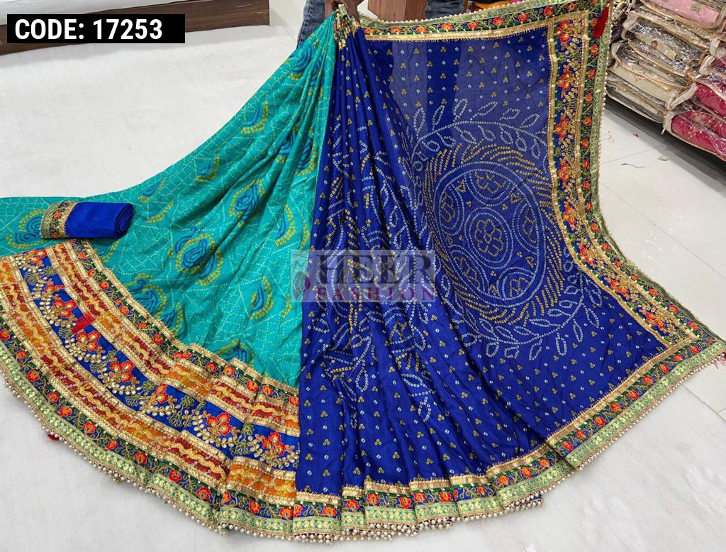 Firoji and navy blue color dola silk saree with gota patti work