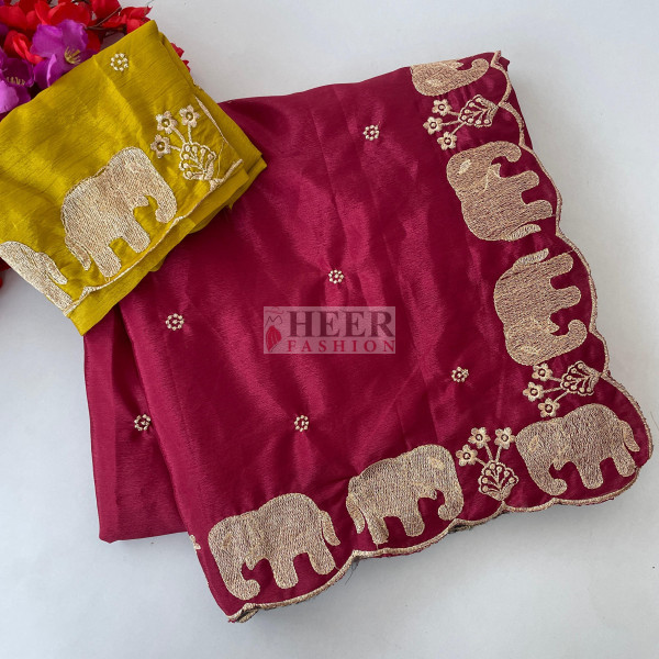 Fancy Rani pink crape silk saree with embroidery and cutwork border