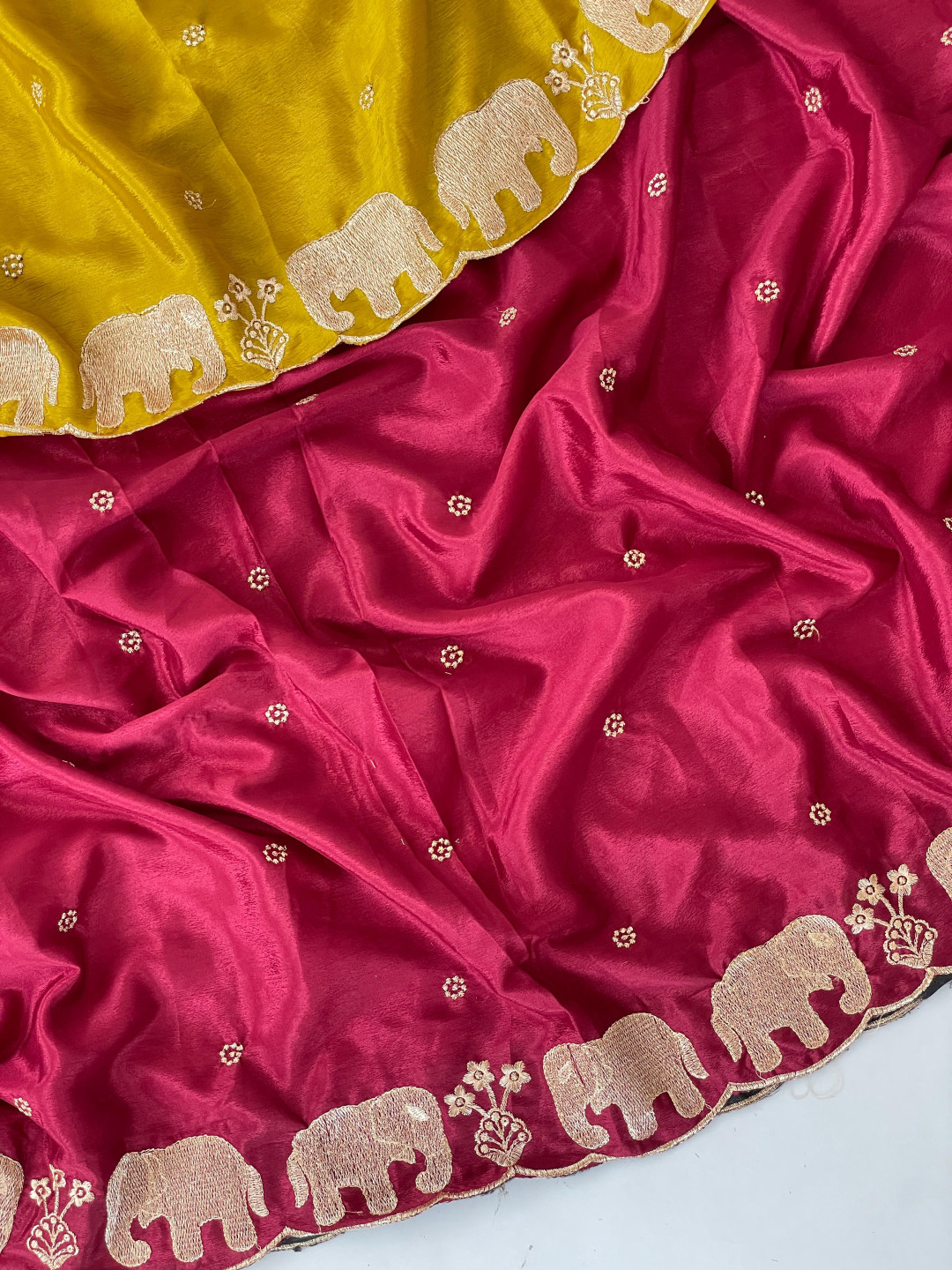 Fancy Rani pink crape silk saree with embroidery and cutwork border