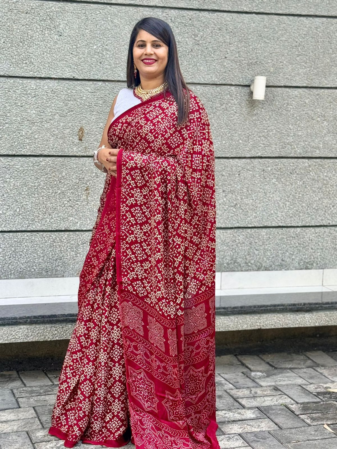 Rani pink Ajrakh pure gaji silk saree with hand block printed work