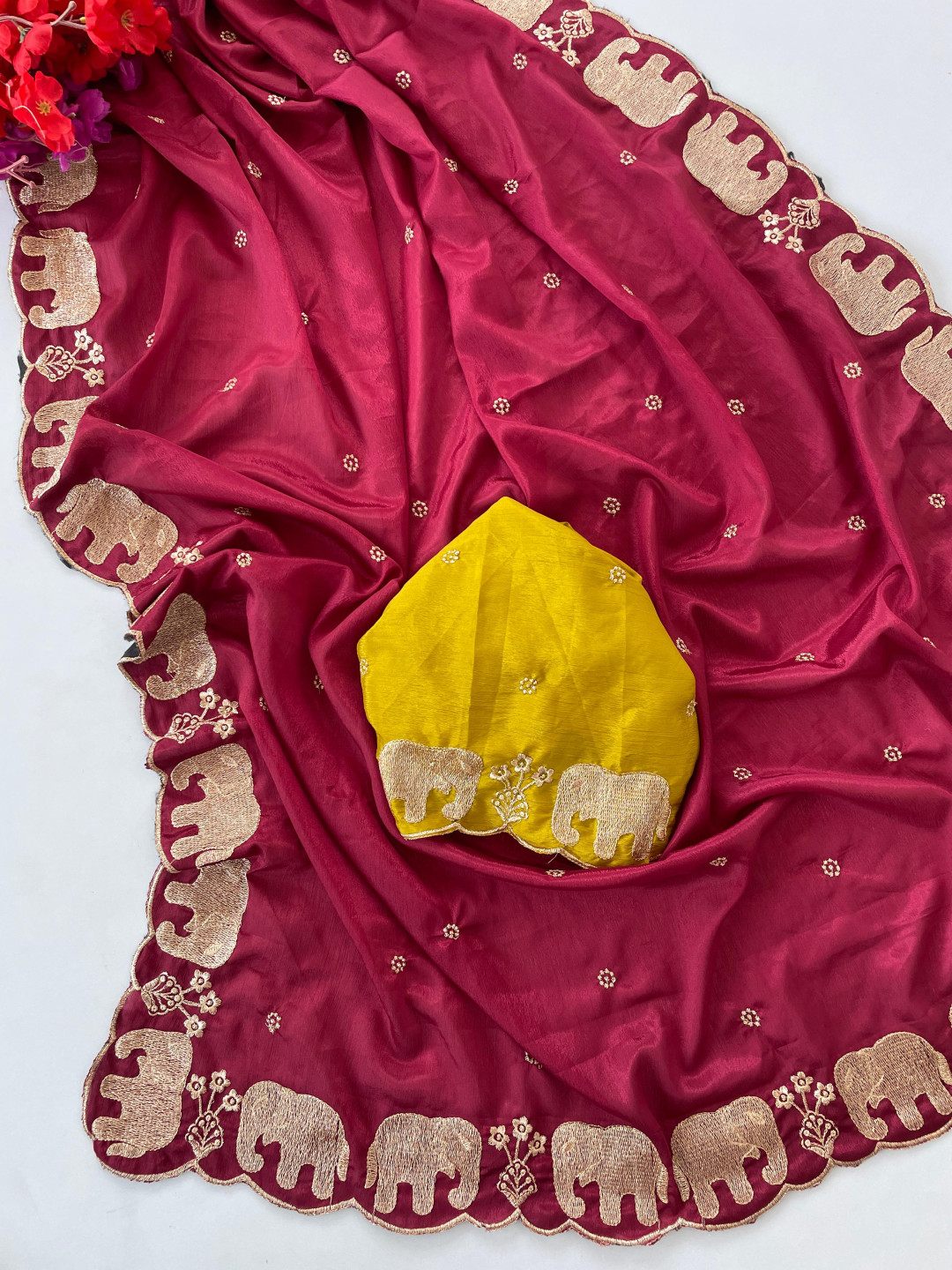 Fancy Rani pink crape silk saree with embroidery and cutwork border