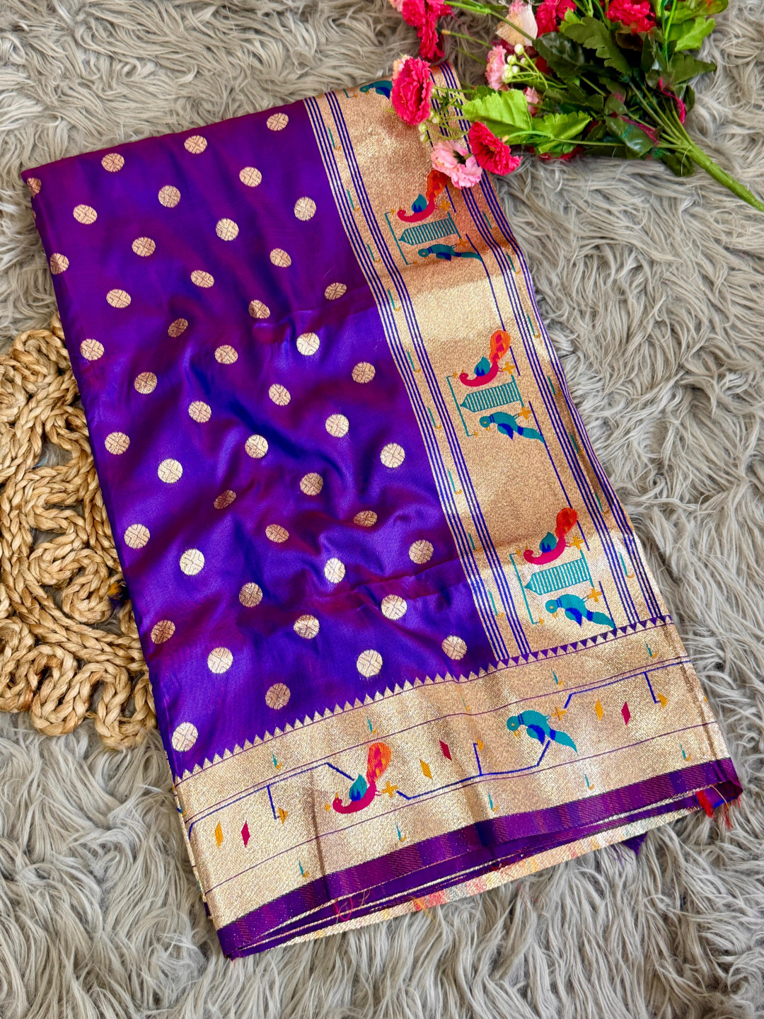 Violet traditional paithani silk saree with peacock zari weaving work
