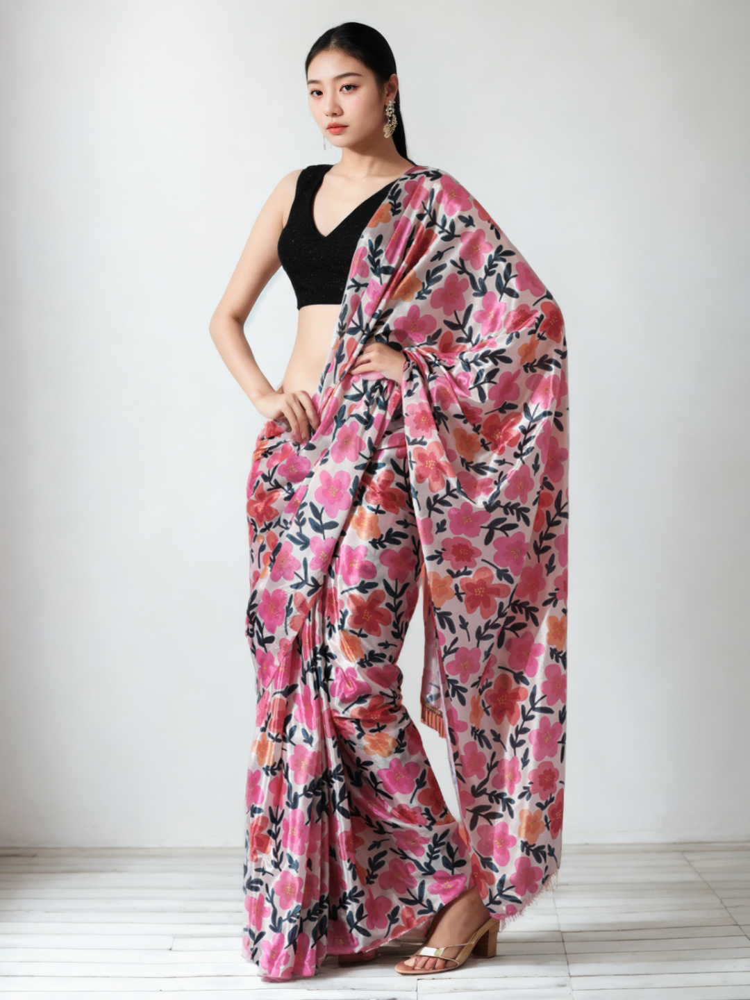 Multi fancy chinon silk ready to wear saree with digital printed work ...
