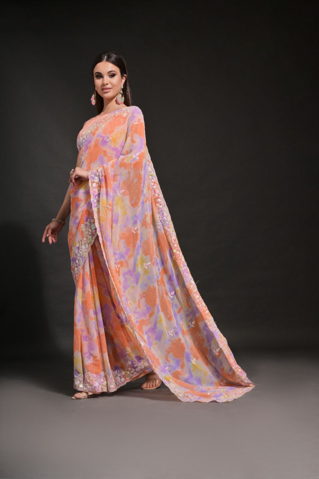 Orange fancy chiffon silk saree with Prizam printed work and sequence ...