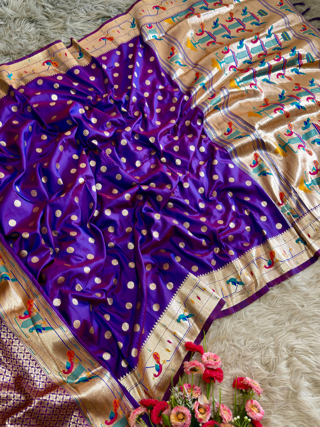Violet traditional paithani silk saree with peacock zari weaving work