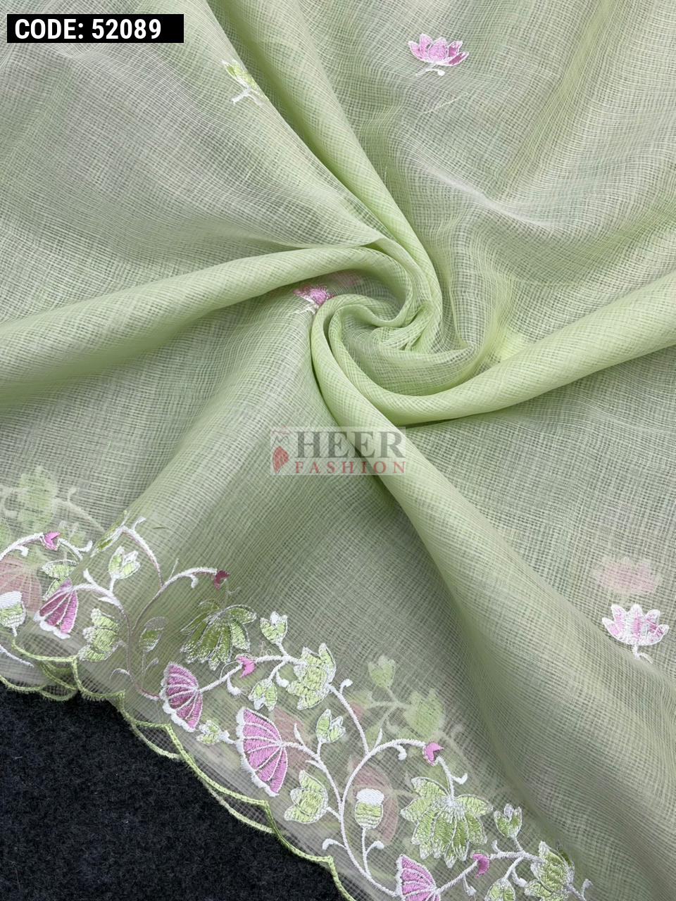 Pista green kota doriya saree with embellished floral embroidery work