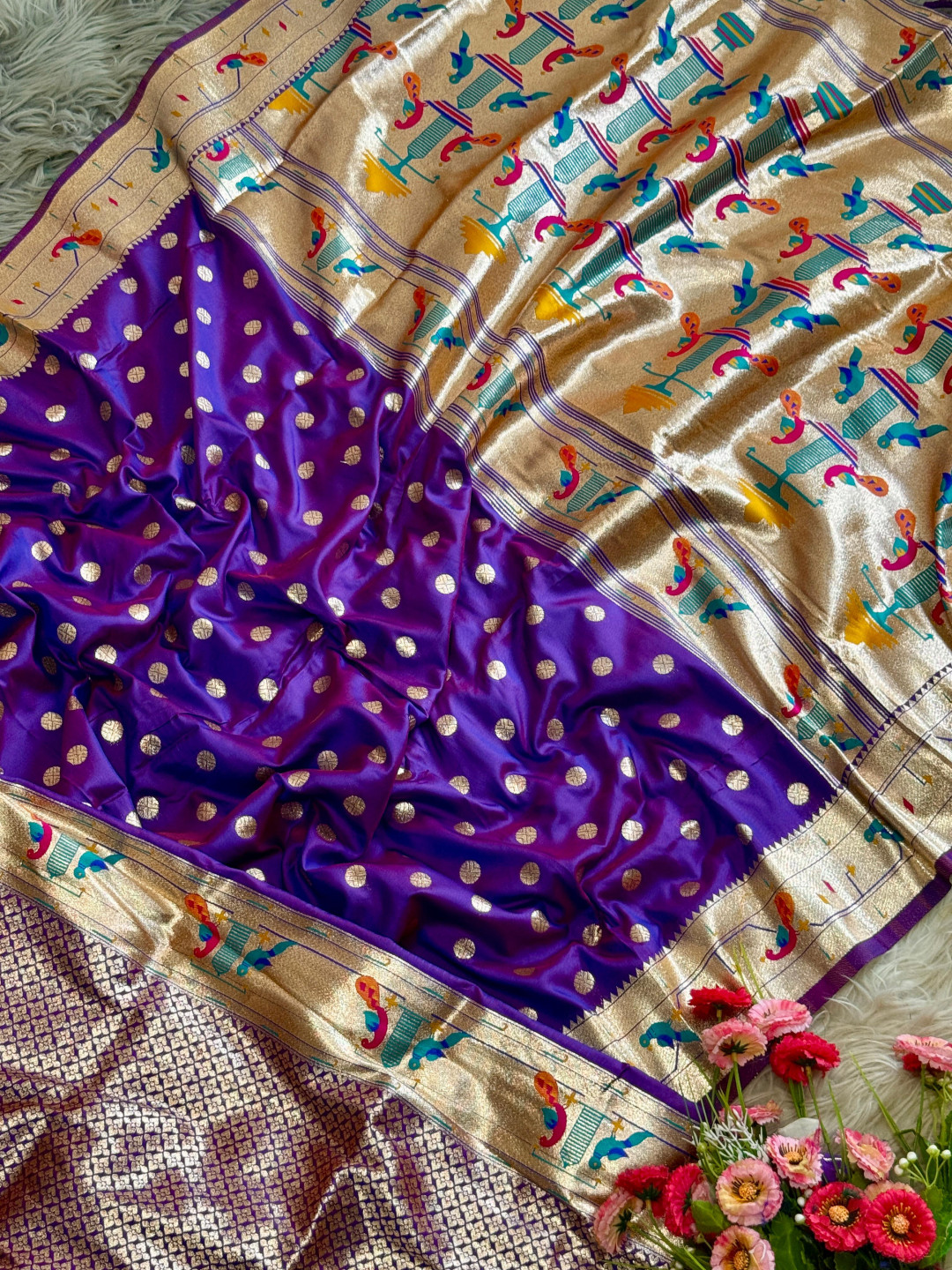 Violet traditional paithani silk saree with peacock zari weaving work