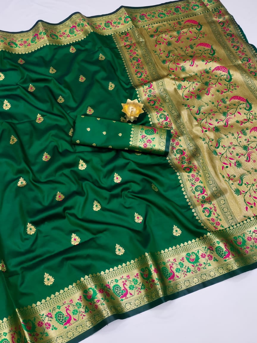 Green color paithani silk saree with zari weaving work