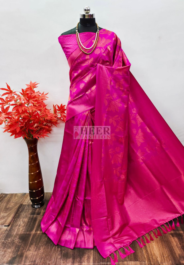 Rani pink color fancy silk saree with copper zari woven work