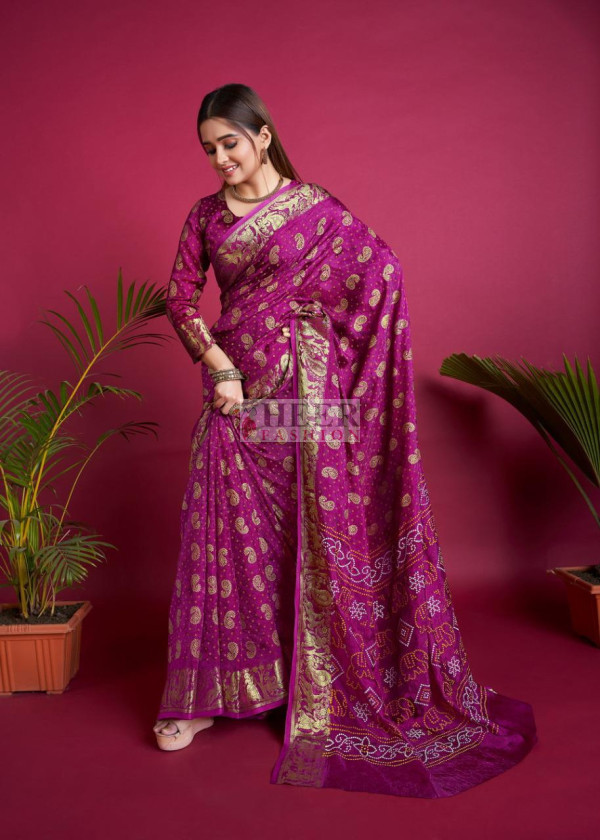 Magenta color bandhani saree with khadi printed work