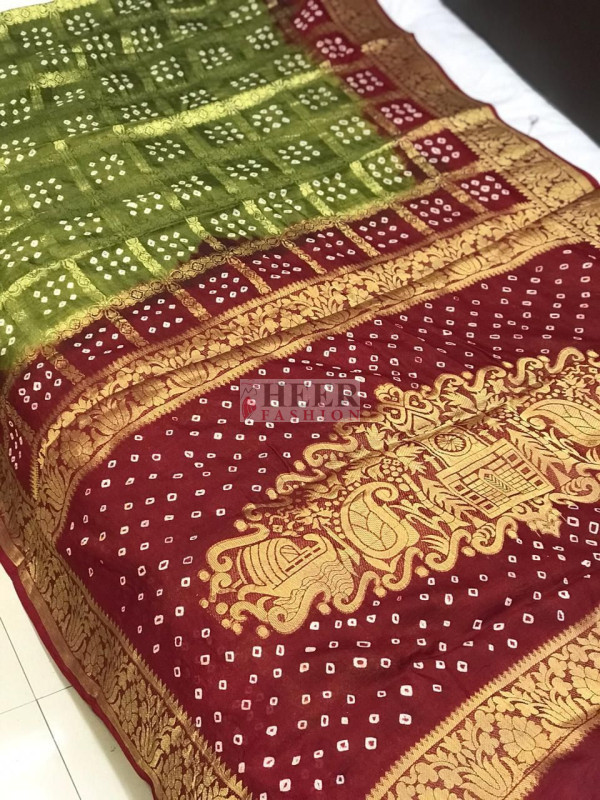 Mahendi green and maroon color pure hand bandhej silk saree with zari ...