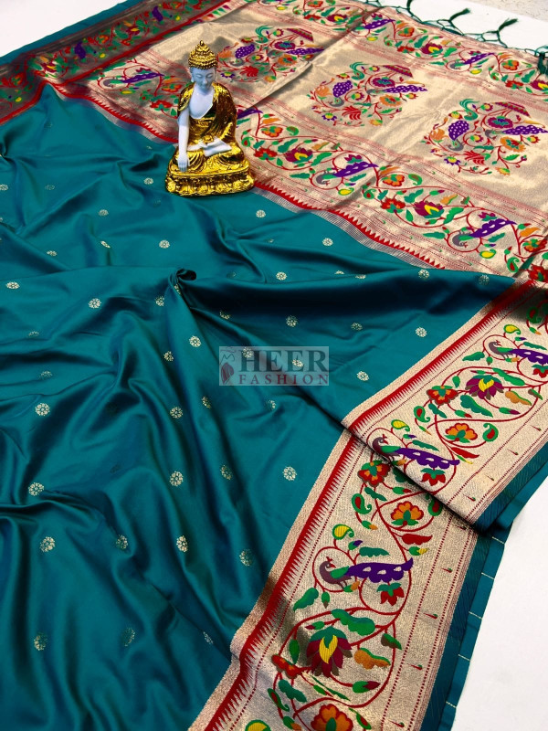 Rama green color paithani silk saree with zari weaving work