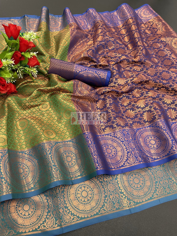 Mahendi green color kanchipuram silk saree with zari woven work