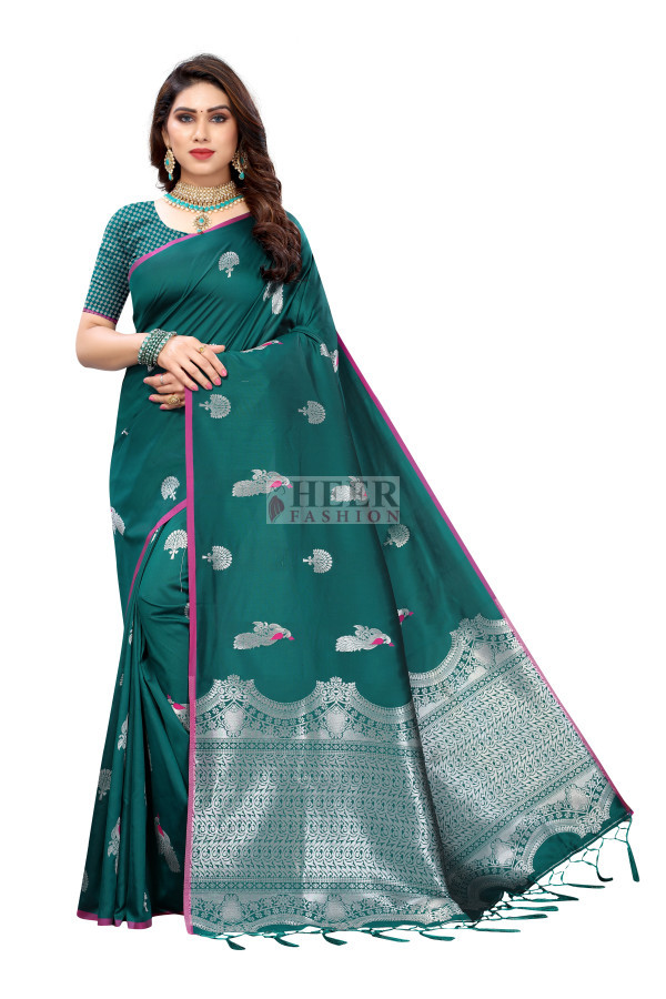 Rama green color lichi silk saree with silver zari weaving work