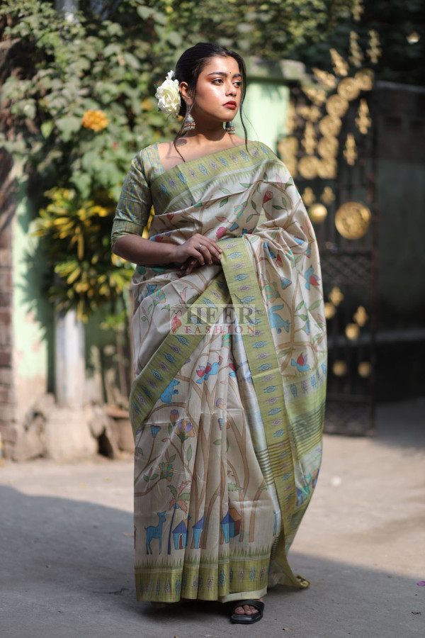 Green color tussar silk saree with digital printed work