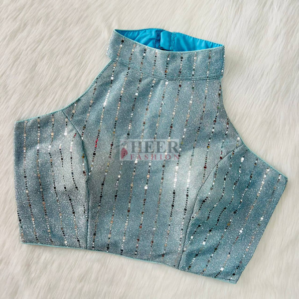 Fancy sparkle halter necks blouse sky blue color