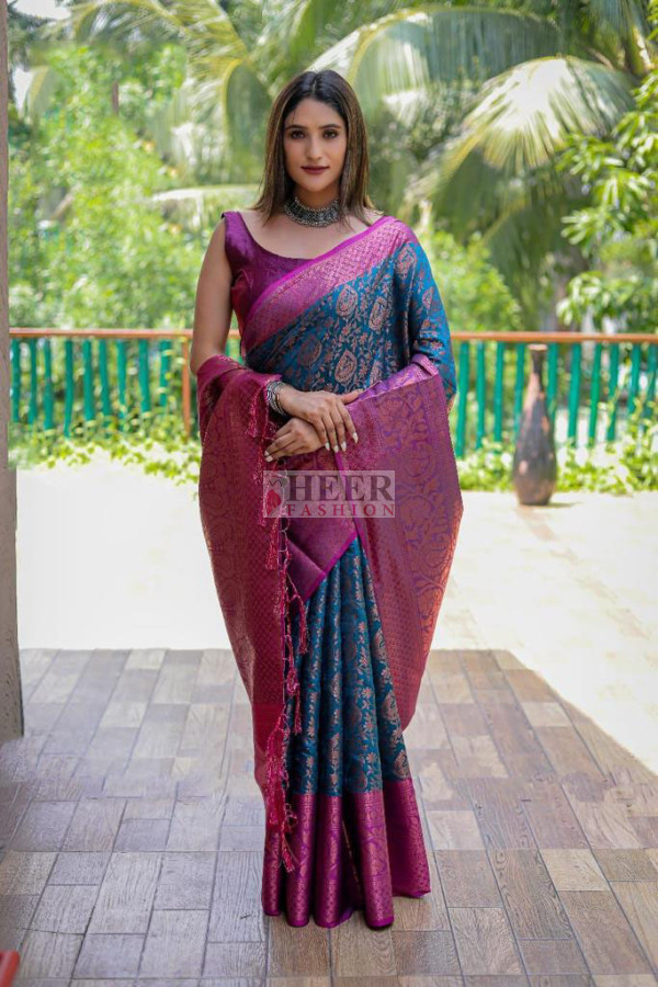 Firoji color kanchipuram silk saree with zari woven work