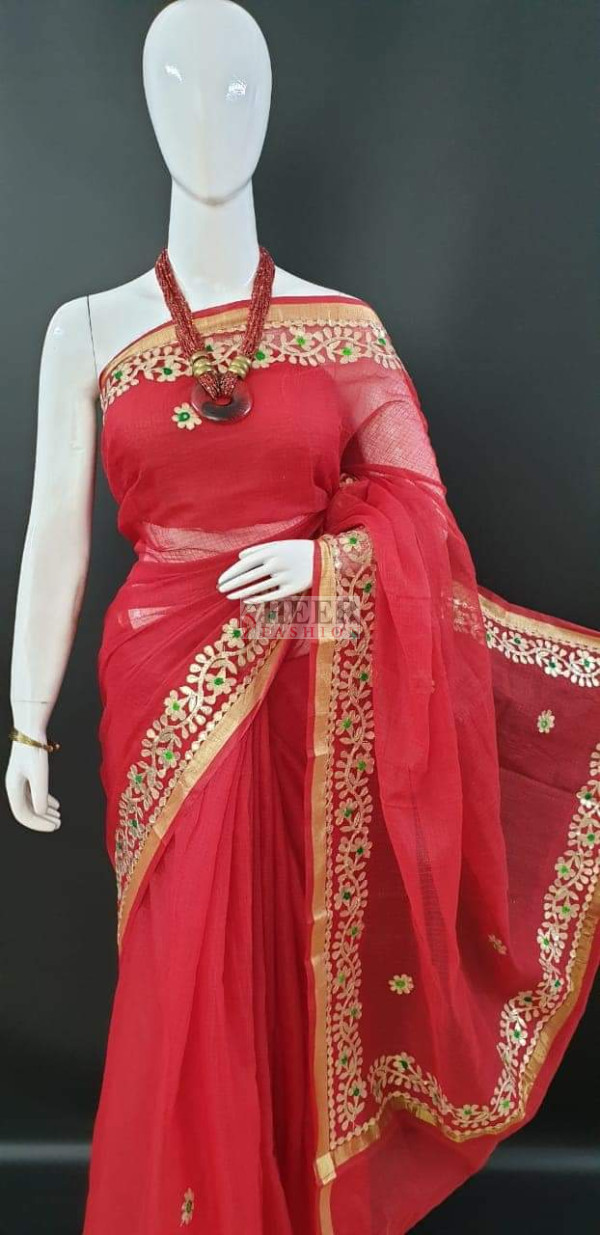 Red color doriya saree with gota patti design