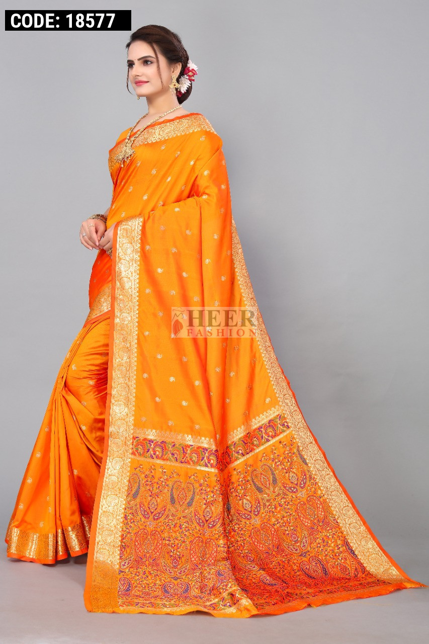 Orange color paithani silk saree with zari weaving work