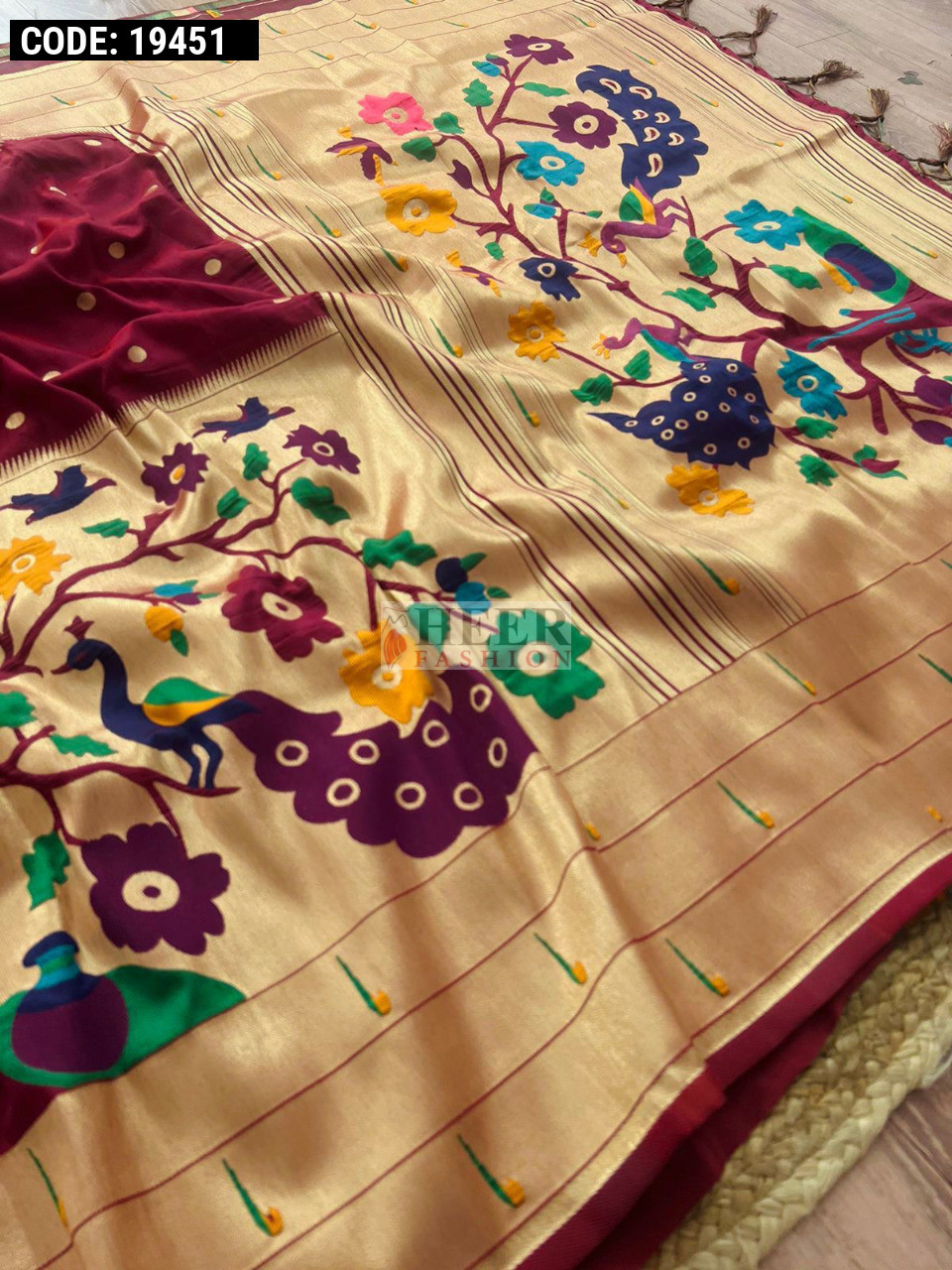 Maroon color paithani silk saree with golden zari weaving work