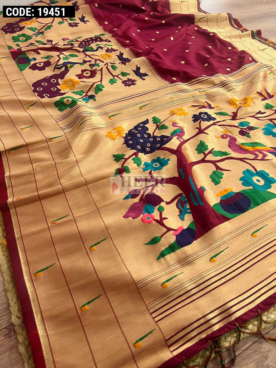 Maroon color paithani silk saree with golden zari weaving work
