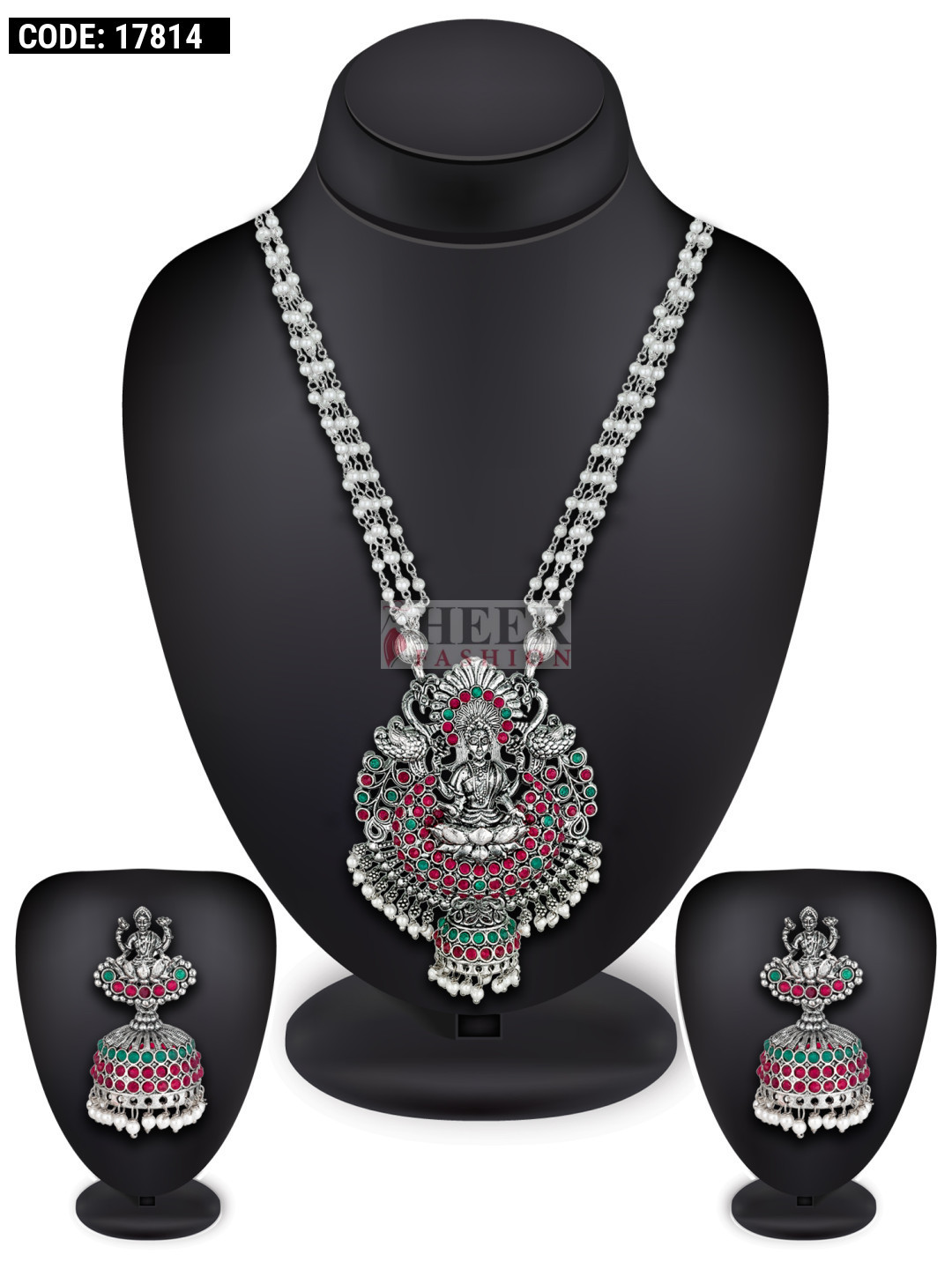 Stone Studded Oxidised Temple Long Necklace Set