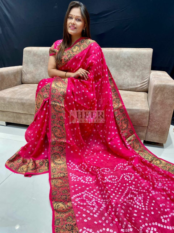 Pink color bandhani saree with hand bandhej work
