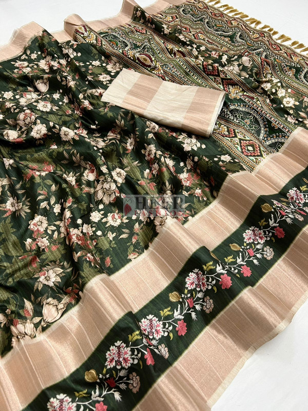 Mahendi green color tussar silk saree with digital printed work
