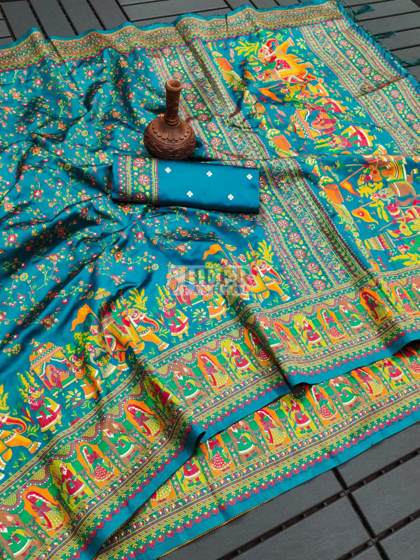 Rama green color soft pashmina silk saree with woven design