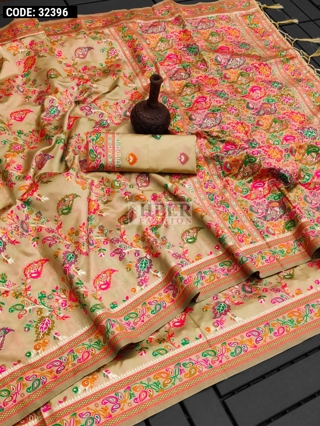 Cream color soft pashmina silk saree with zari weaving work